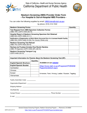 Fillable Online Newborn Screening (NBS) Provider Order Form Fax Email ...