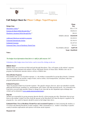 Fillable Online Fall Budget Sheet for Pitzer College: Nepal Program Fax Email Print - pdfFiller