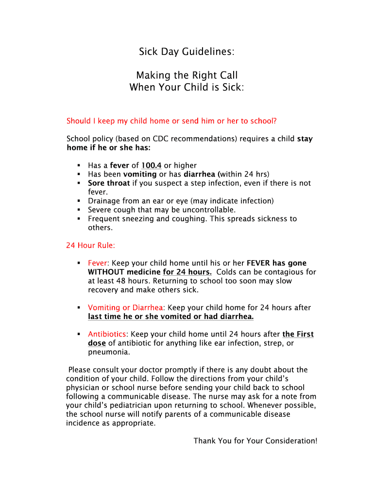 Fillable Online Sick Day Guidelines: Fax Email Print - pdfFiller
