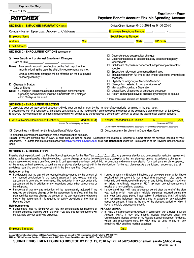 Fillable Online Paychex Benefit Account Flexible Spending Account Fax ...