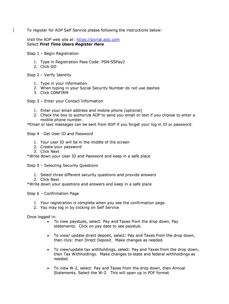 Fillable Online To register for ADP Self Service please following the ...