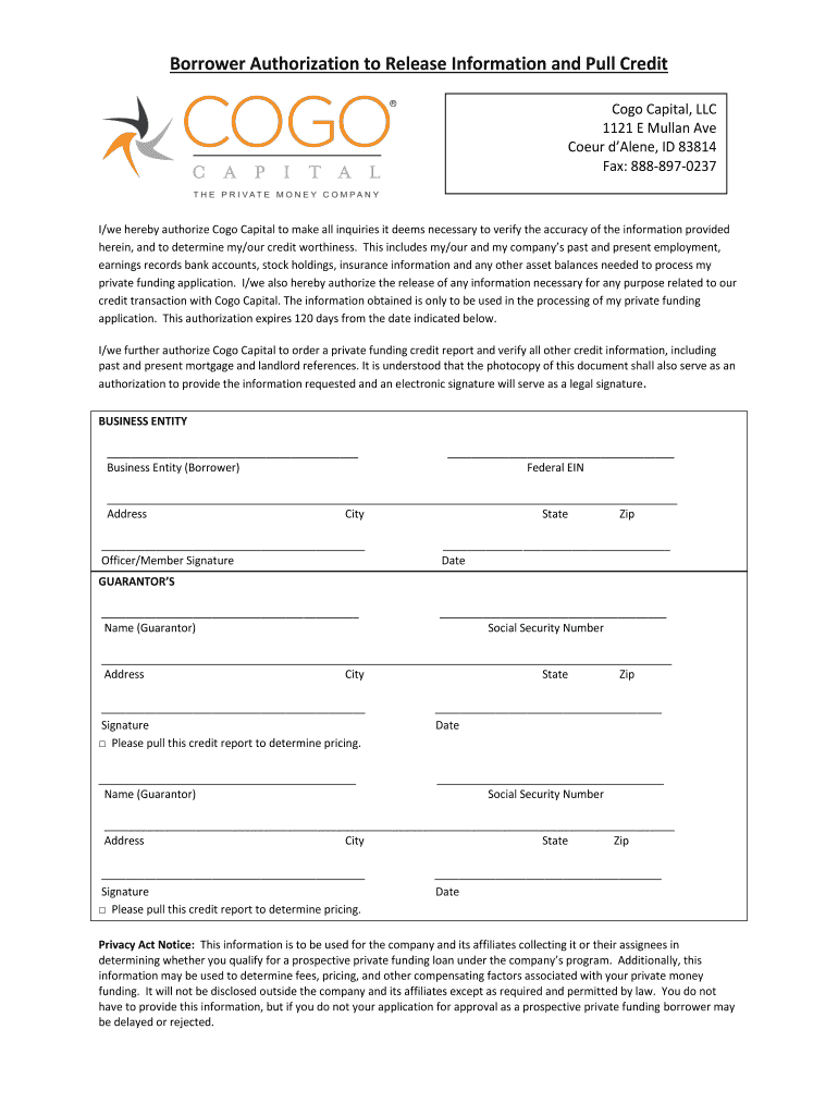 Fillable Online Borrower Authorization to Release Information and Pull Credit Fax Email Print ...