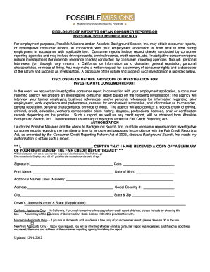 Fillable Online DISCLOSURE OF INTENT TO OBTAIN CONSUMER REPORTS OR Fax ...