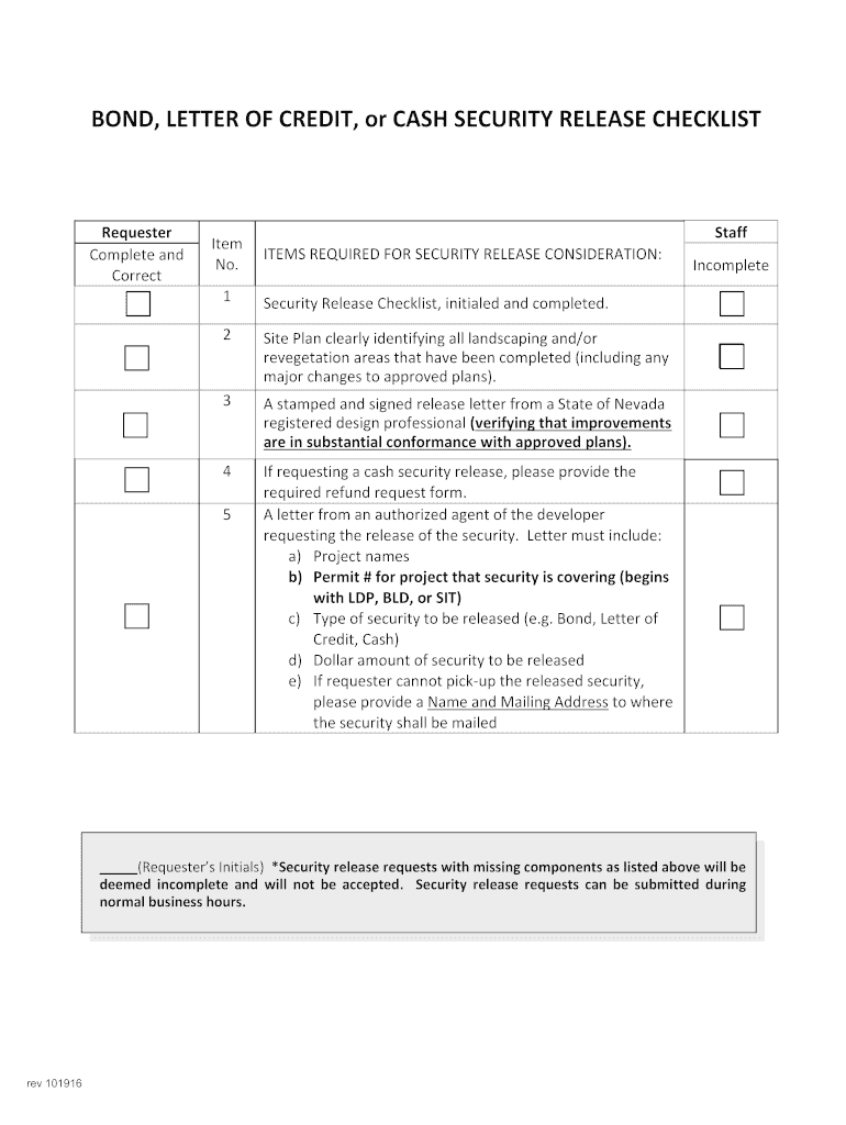 Fillable Online BOND, LETTER OF CREDIT, or CASH SECURITY RELEASE ...