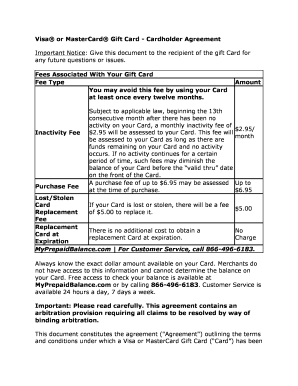 Fillable Online Visa or MasterCard Gift Card - Cardholder Agreement Fax ...