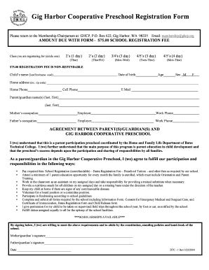 Fillable Online Gig Harbor Cooperative Preschool Registration Form Fax ...
