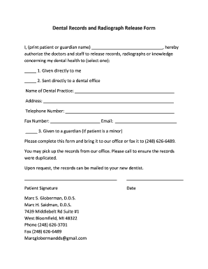 Fillable Online Dental Records and Radiograph Release Form Fax Email ...