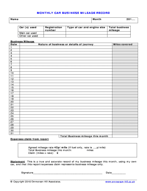 Fillable Online MONTHLY CAR BUSINESS MILEAGE RECORD Fax Email Print ...