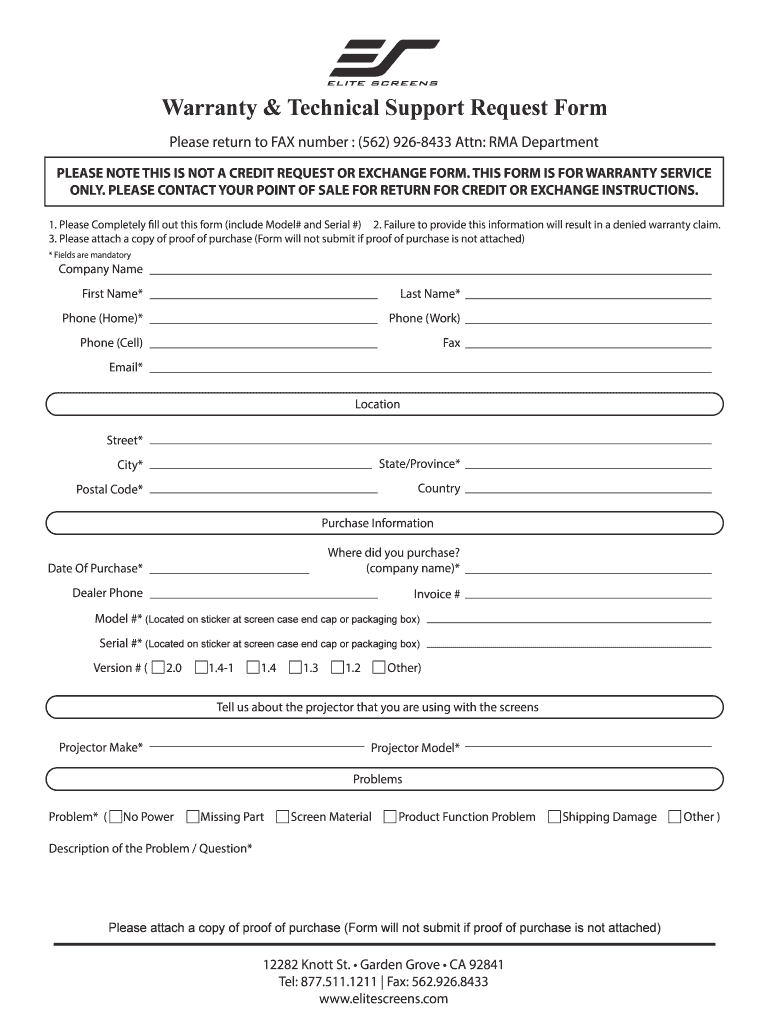 Fillable Online Warranty & Technical Support Request Form Fax Email ...