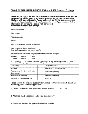 Fillable Online CHARACTER REFERENCE FORM LIFE Church College Fax Email ...