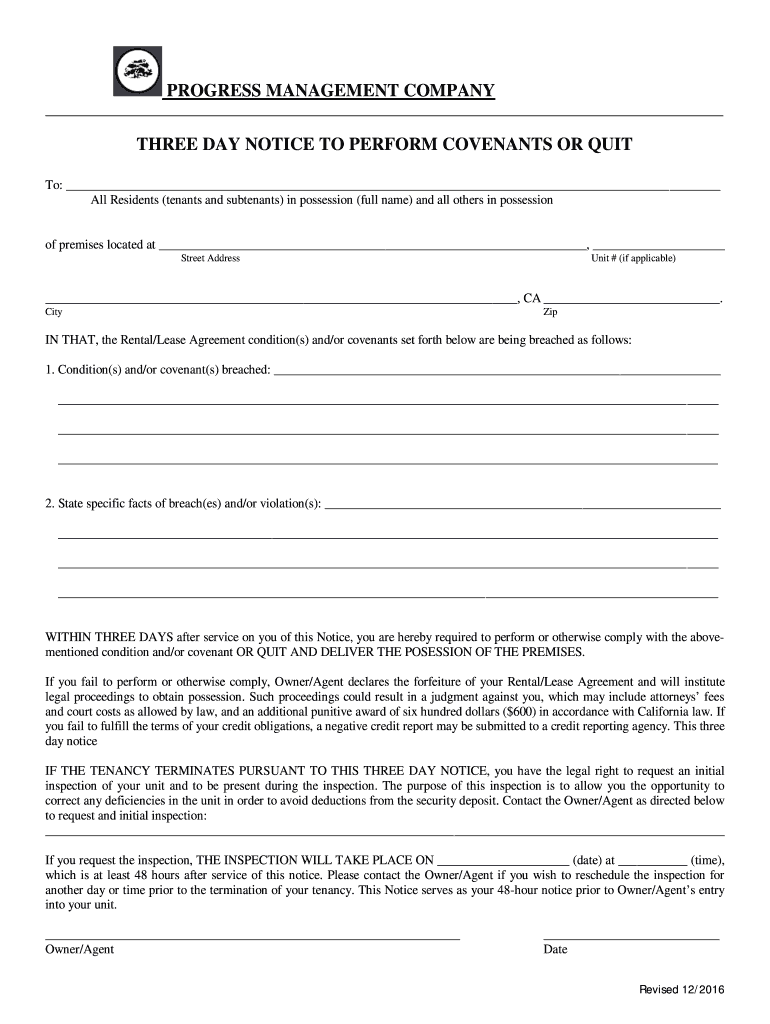 Fillable Online THREE DAY NOTICE TO PERFORM COVENANTS OR QUIT Fax Email ...