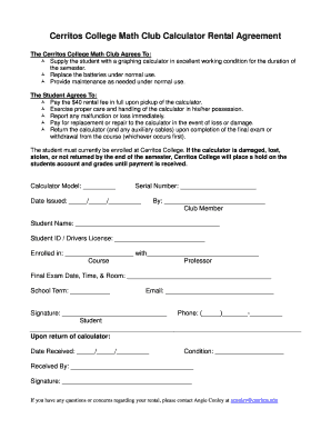 Fillable Online Cerritos College Math Club Calculator Rental Agreement Fax Email Print - pdfFiller