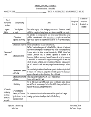 Fillable Online TENDER COMPLIANCE STATEMENT Fax Email Print - pdfFiller