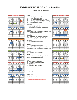 Fillable Online STARK DD PRESCHOOL AT TAFT 2017 - 2018 CALENDAR Fax ...