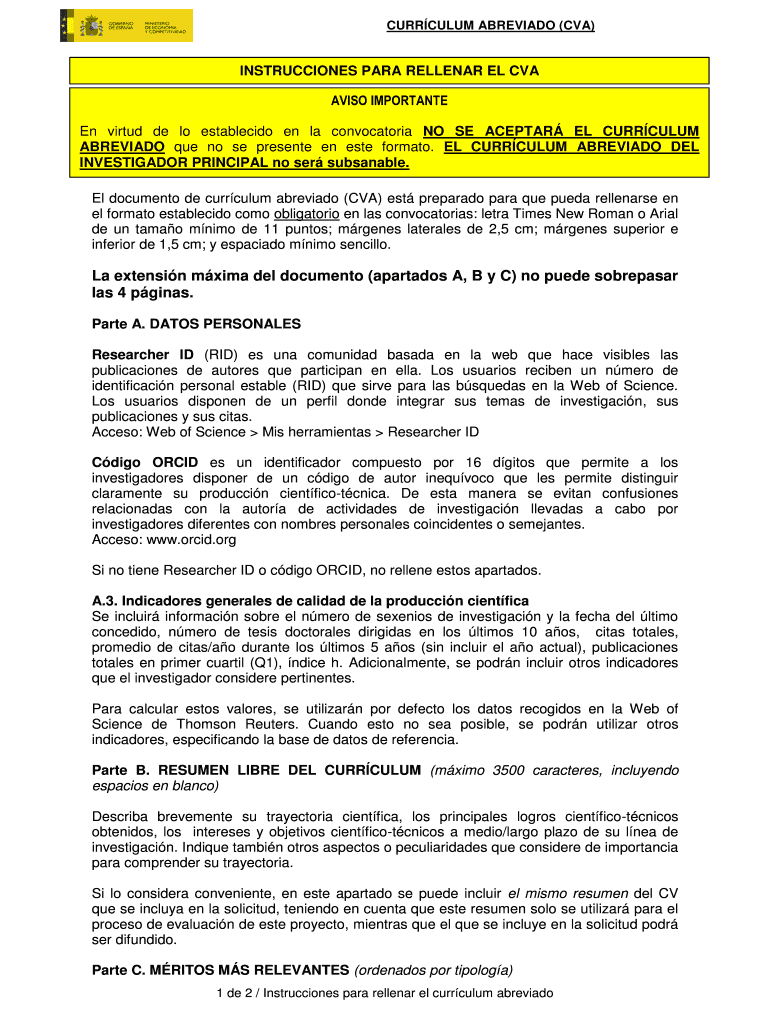 Fillable Online INSTRUCCIONES PARA RELLENAR EL CVA Fax Email Print ...