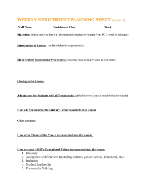 Fillable Online WEEKLY ENRICHMENT PLANNING SHEET (template) Fax Email ...