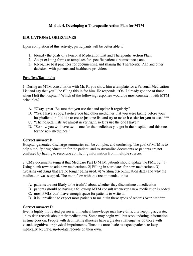 Fillable Online Developing a Therapeutic Action Plan for MTM Fax Email ...