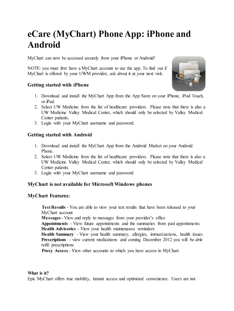 Fillable Online eCare (MyChart) Phone App: iPhone and Fax Email Print ...