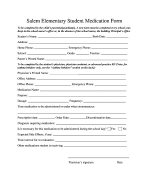 Fillable Online Salem Elementary Student Medication Form Fax Email ...