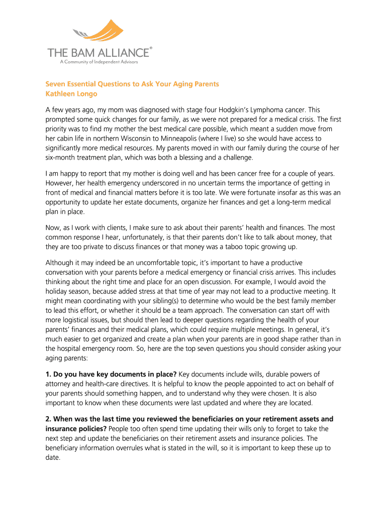 Fillable Online Seven Essential Questions to Ask Your Aging Parents Fax ...