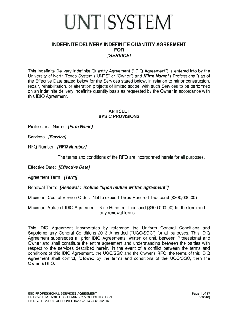 Fillable Online INDEFINITE DELIVERY INDEFINITE QUANTITY AGREEMENT Fax ...