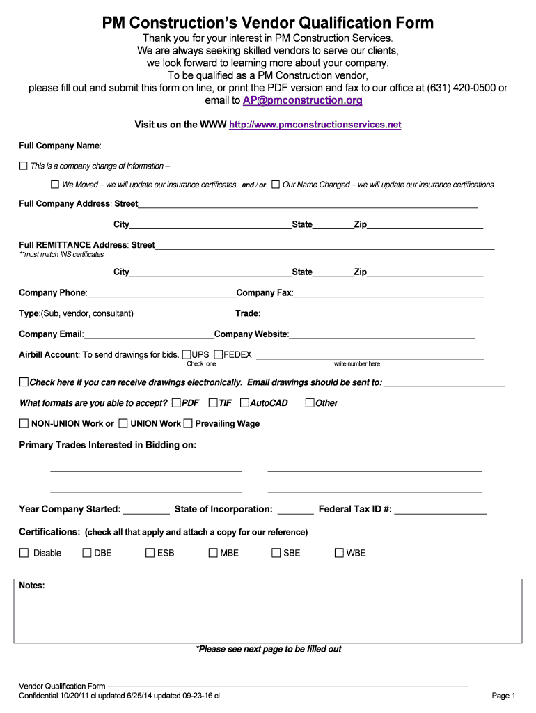 Fillable Online PM Constructions Vendor Qualification Form Fax Email ...