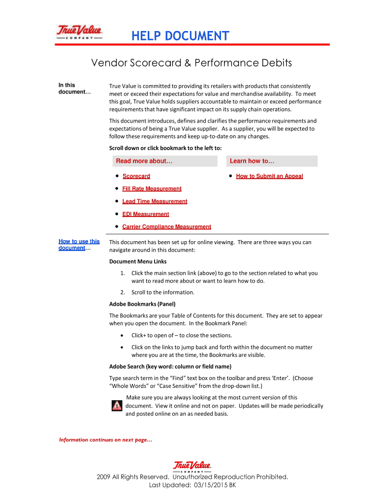 Fillable Online Vendor Scorecard & Performance Debits Fax Email Print ...