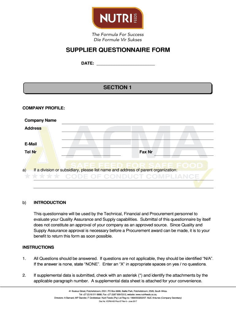 Fillable Online SUPPLIER QUESTIONNAIRE FORM Fax Email Print - pdfFiller