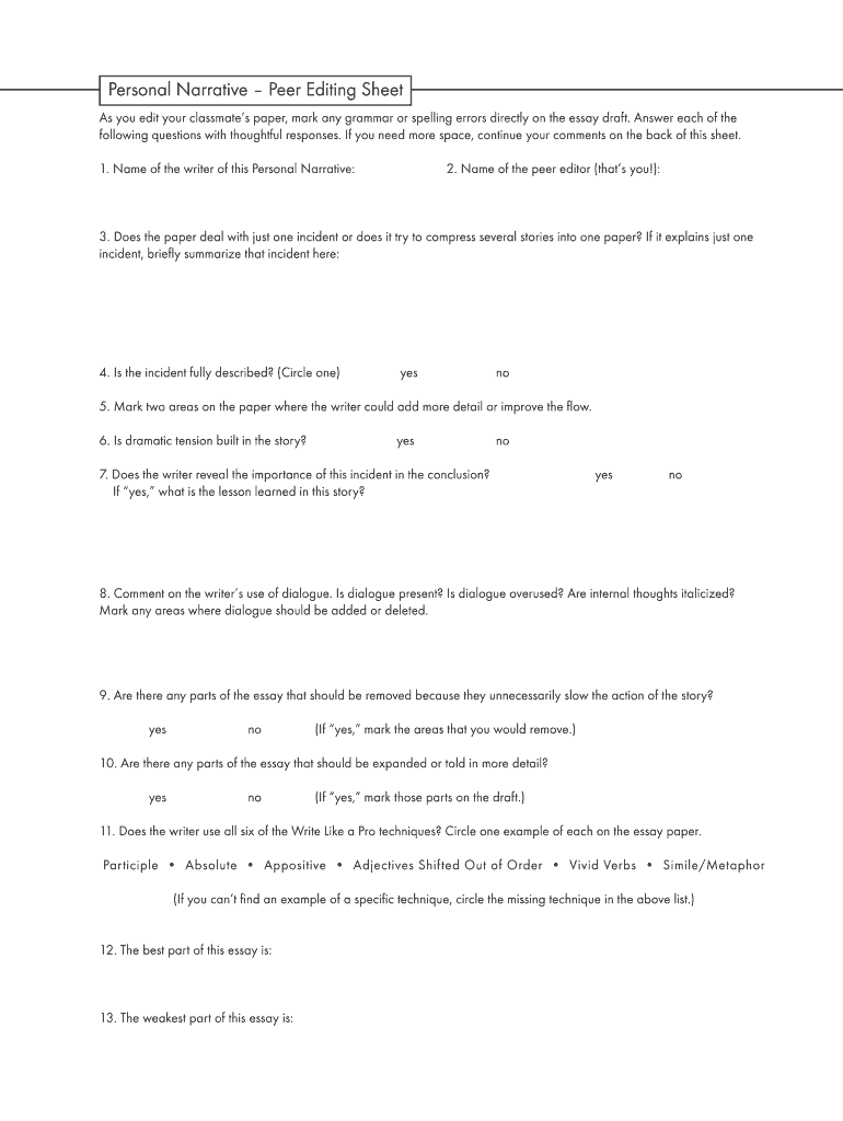 Fillable Online Personal Narrative Peer Editing Sheet Fax Email Print ...