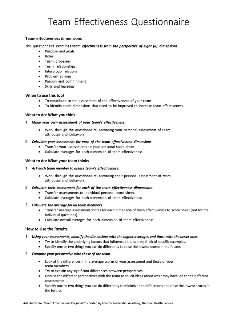 Fillable Online This questionnaire examines team effectiveness from the ...