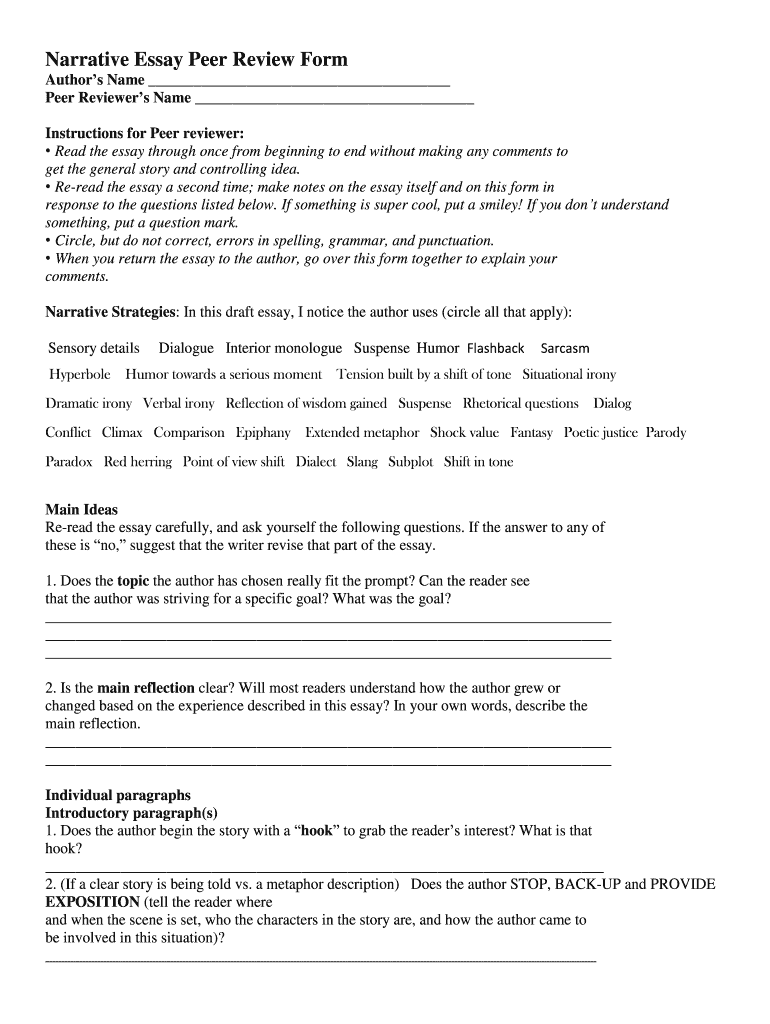 Fillable Online Narrative Essay Peer Review Form Fax Email Print ...