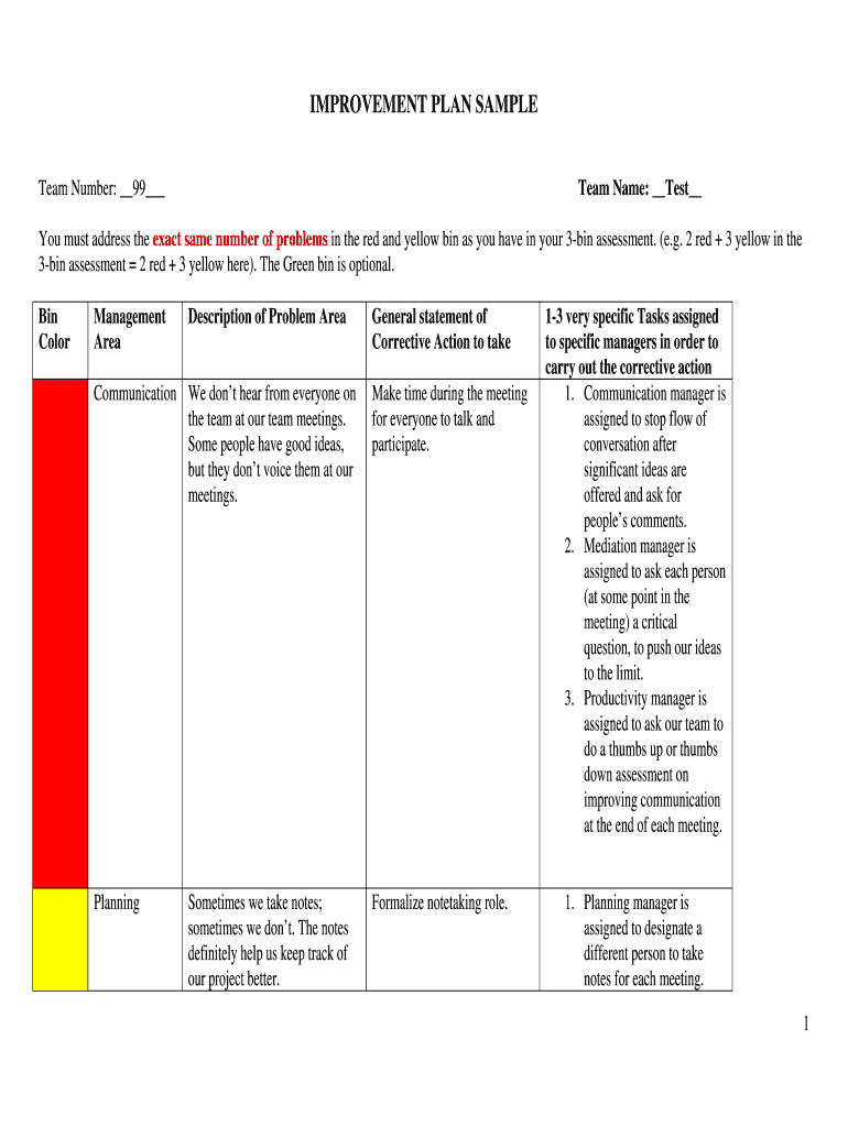 Fillable Online IMPROVEMENT PLAN SAMPLE Fax Email Print - pdfFiller