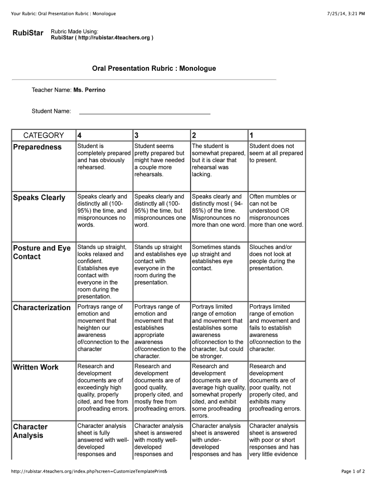Fillable Online Your Rubric: Oral Presentation Rubric : Monologue Fax ...