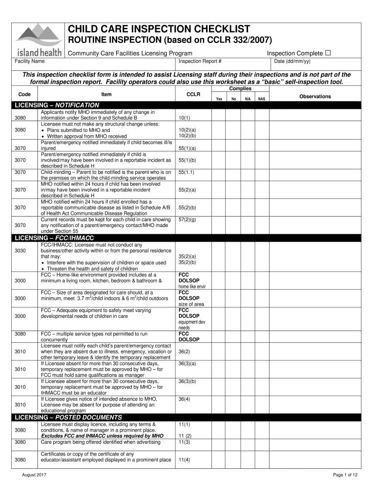 Fillable Online CHILD CARE INSPECTION CHECKLIST Fax Email Print - pdfFiller