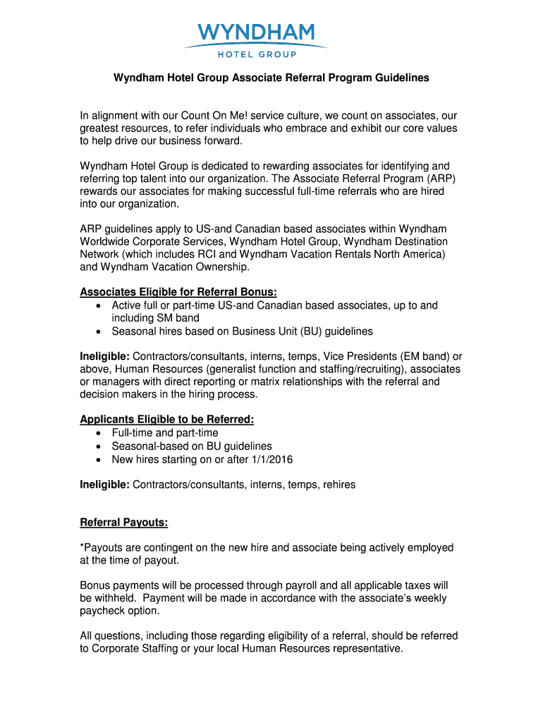 Fillable Online Wyndham Hotel Group Associate Referral Program ...