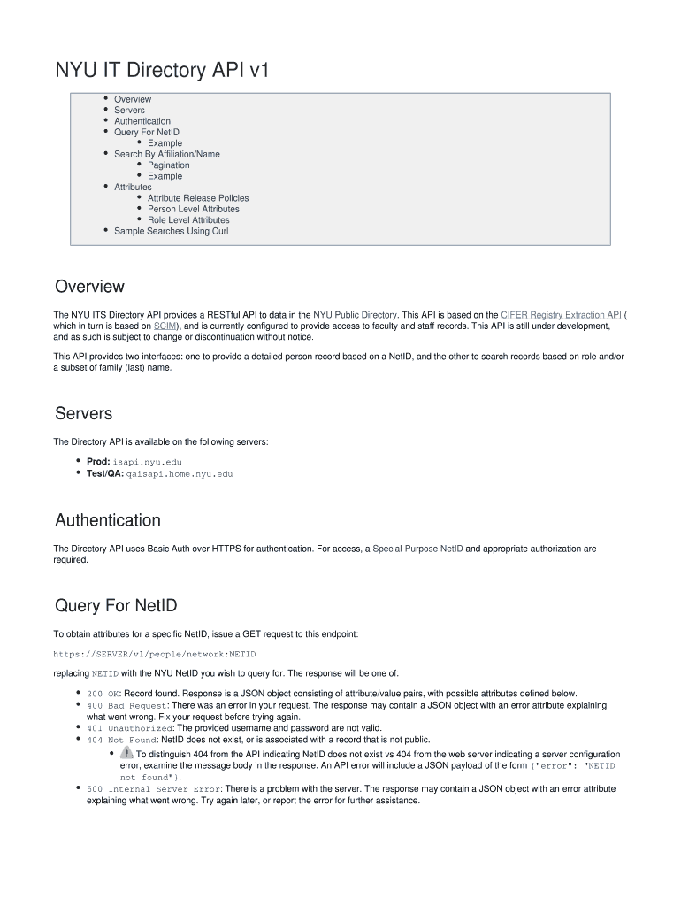 Fillable Online NYU IT Directory API v1 Fax Email Print - pdfFiller