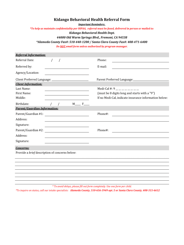 Fillable Online Kidango Behavioral Health Referral Form Fax Email Print ...