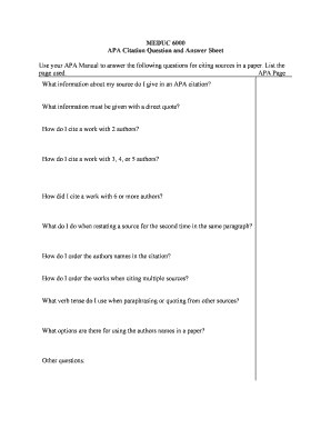 Fillable Online APA Citation Question and Answer Sheet Fax Email Print ...