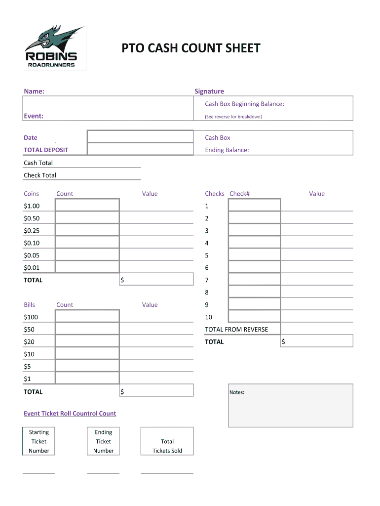 Fillable Online PTO CASH COUNT SHEET Fax Email Print - pdfFiller