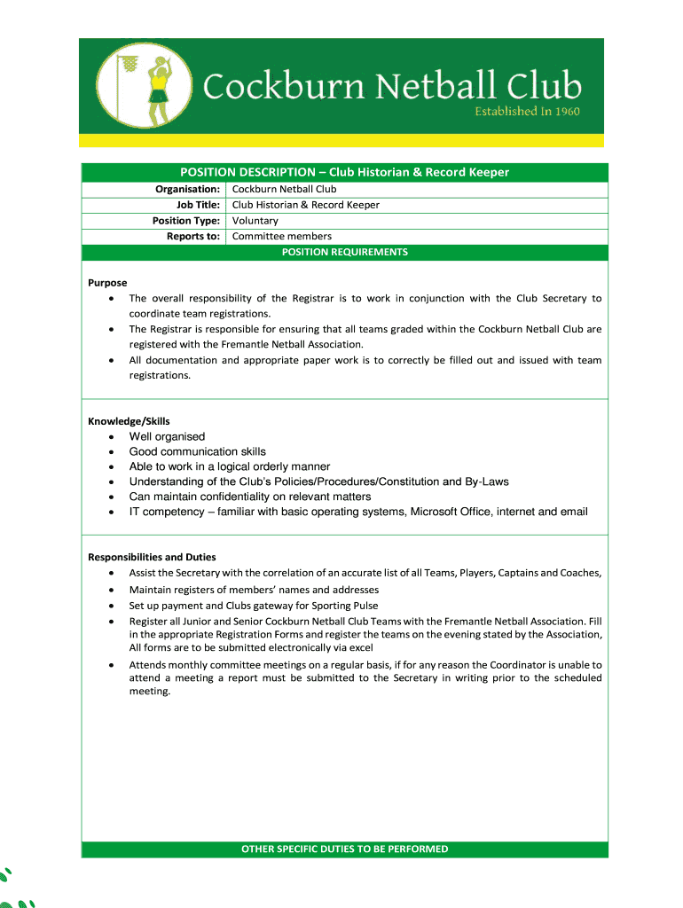 Fillable Online POSITION DESCRIPTION Club Historian & Record Keeper Fax ...