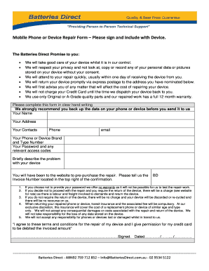 Fillable Online Mobile Phone or Device Repair Form Please sign and ...