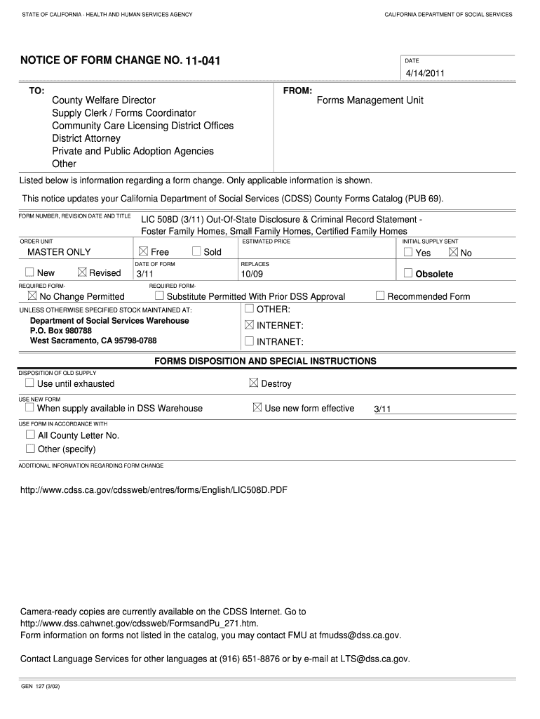 Fillable Online LIC 508D (3/11) Out-Of-State Disclosure & Criminal ...