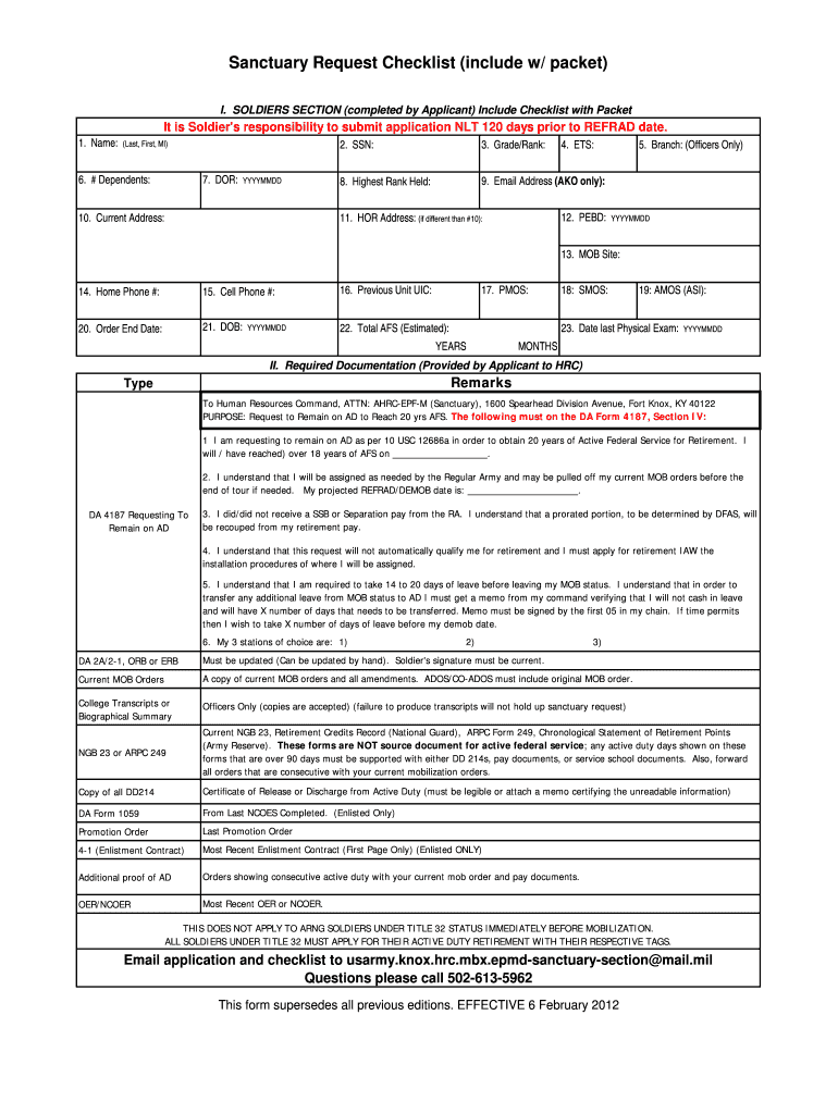 Fillable Online Sanctuary Request Checklist (include w/ packet) Fax Email Print - pdfFiller