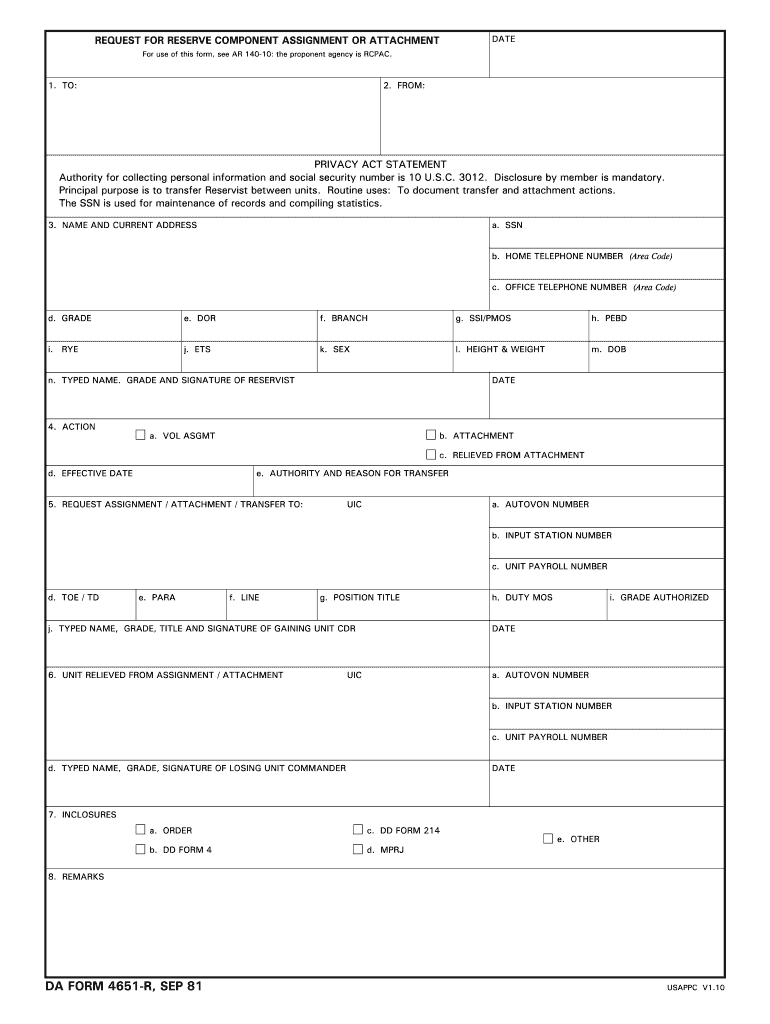 Fillable Online For use of this form, see AR 140-10: the proponent ...