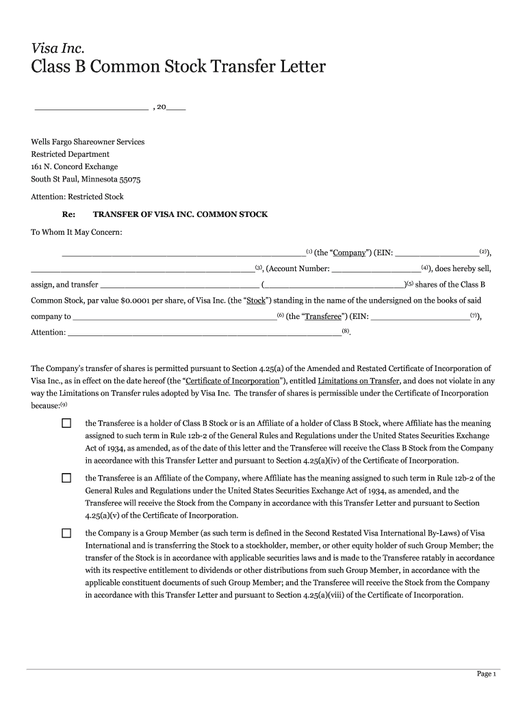 Fillable Online Class B Common Stock Transfer Letter Fax Email Print ...