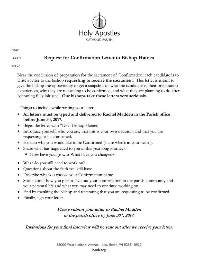 Fillable Online Request for Confirmation Letter to Bishop Haines Fax ...