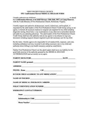 Fillable Online FPC Confirmation Retreat MEDICAL RELEASE FORM Fax Email ...