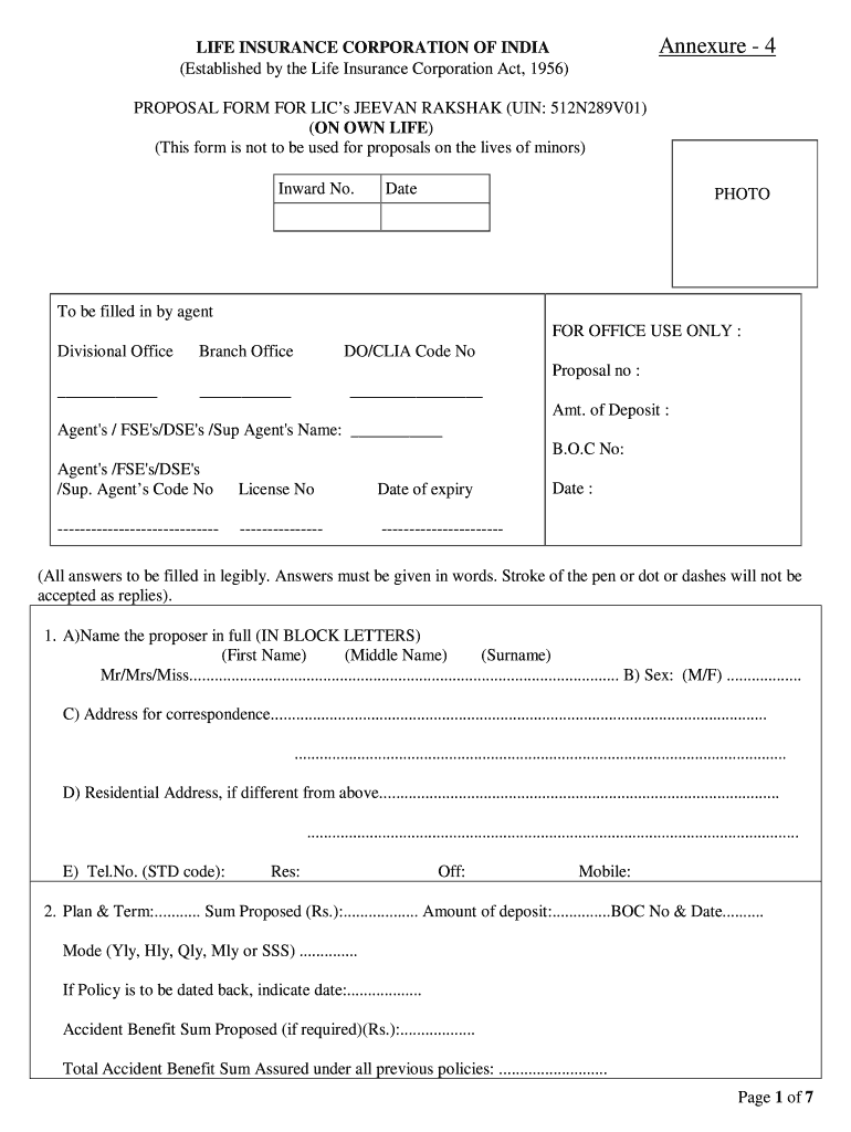 Fillable Online PROPOSAL FORM FOR LICs JEEVAN RAKSHAK (UIN: 512N289V01 ...