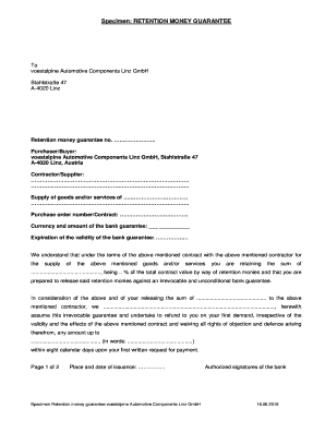 Fillable Online Specimen: RETENTION MONEY GUARANTEE Fax Email Print - pdfFiller