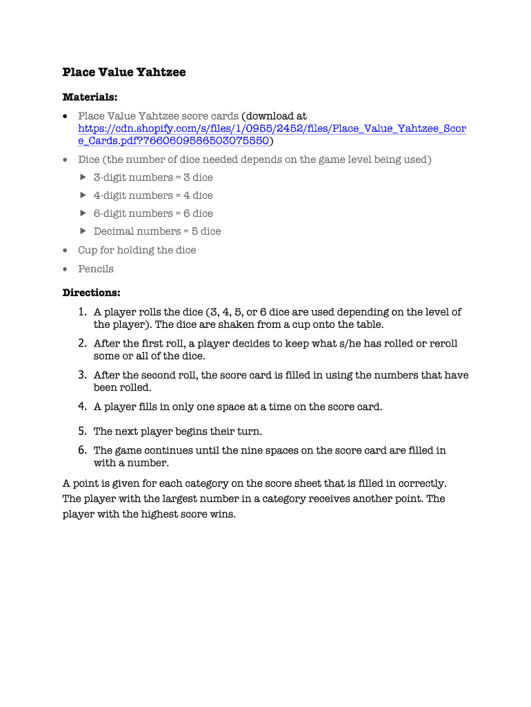 Fillable Online Place Value Yahtzee Fax Email Print - pdfFiller